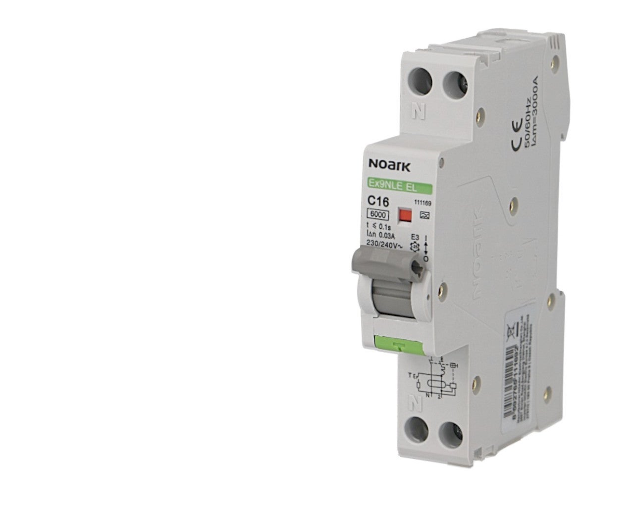Disjoncteur différentiel "slim" 16A / 30mA type AC Noark Ex9NLE EL ...
