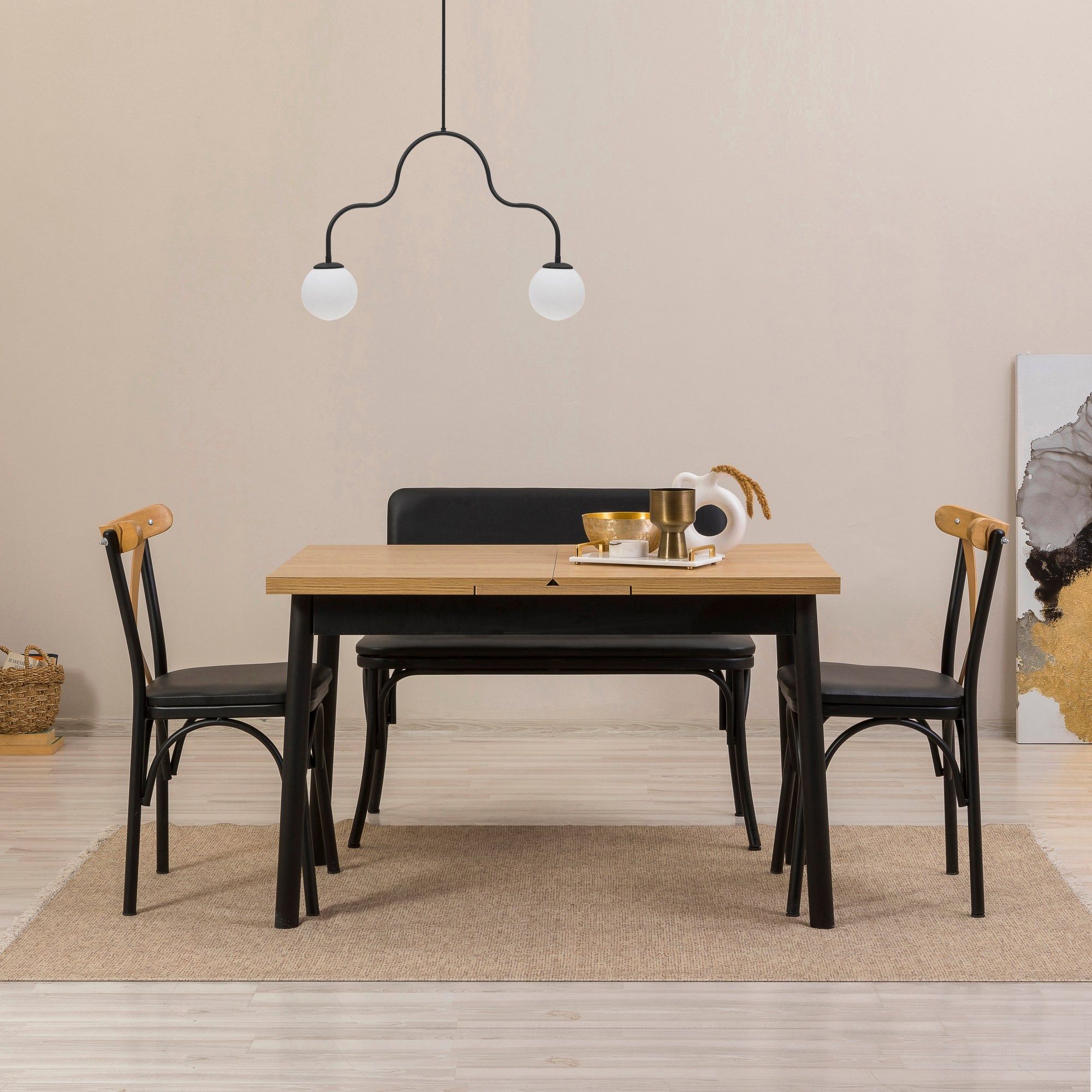Ensemble 2 chaises, 1 banc et 1 table extensible Iridus Noir et Bois ...