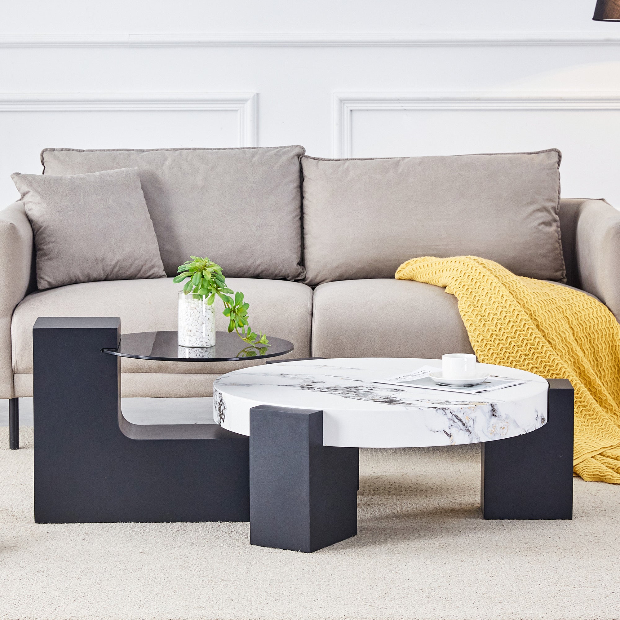 Lot de 2 tables basses avec plateaux effet marbre et design démontable ...