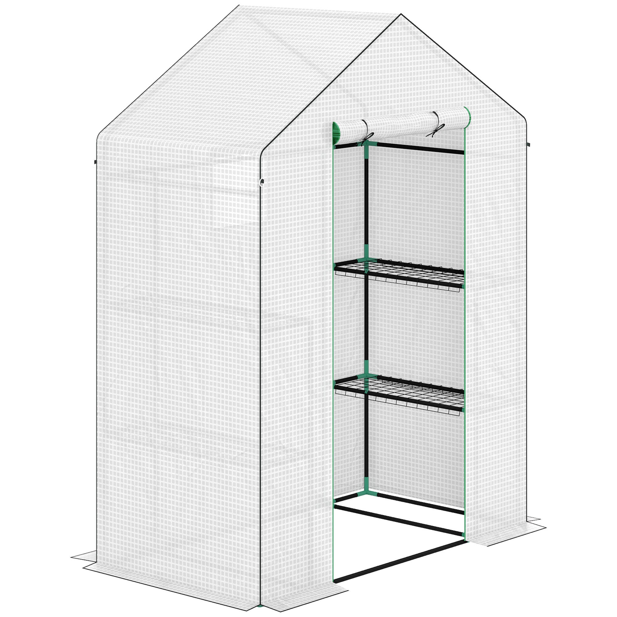 Serre avec porte enroulable fenêtre étagères structure acier bâche ...