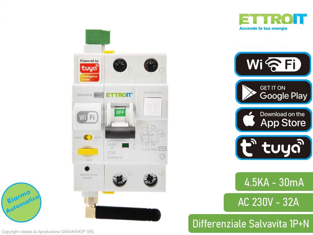 INTERRUTTORE MAGNETOTERMICO DIFFERENZIALE SMART WIFI 1P+N 32A 230V/400V ...