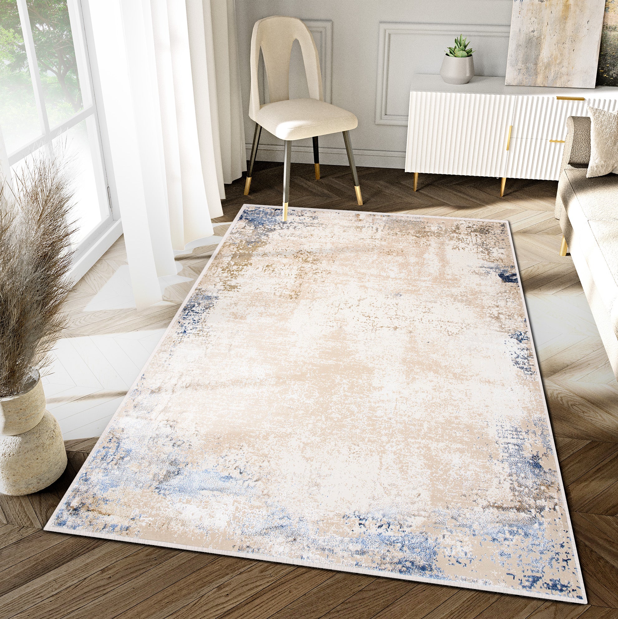 TAPISO Hera Tapis Salon Chambre Brillant Crème Beige Bleu Abstrait ...