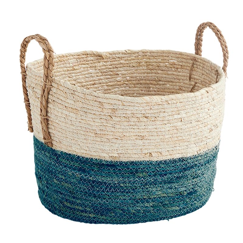 Panier de rangement en paille tressée naturel et bleu avec poignées 42 ...