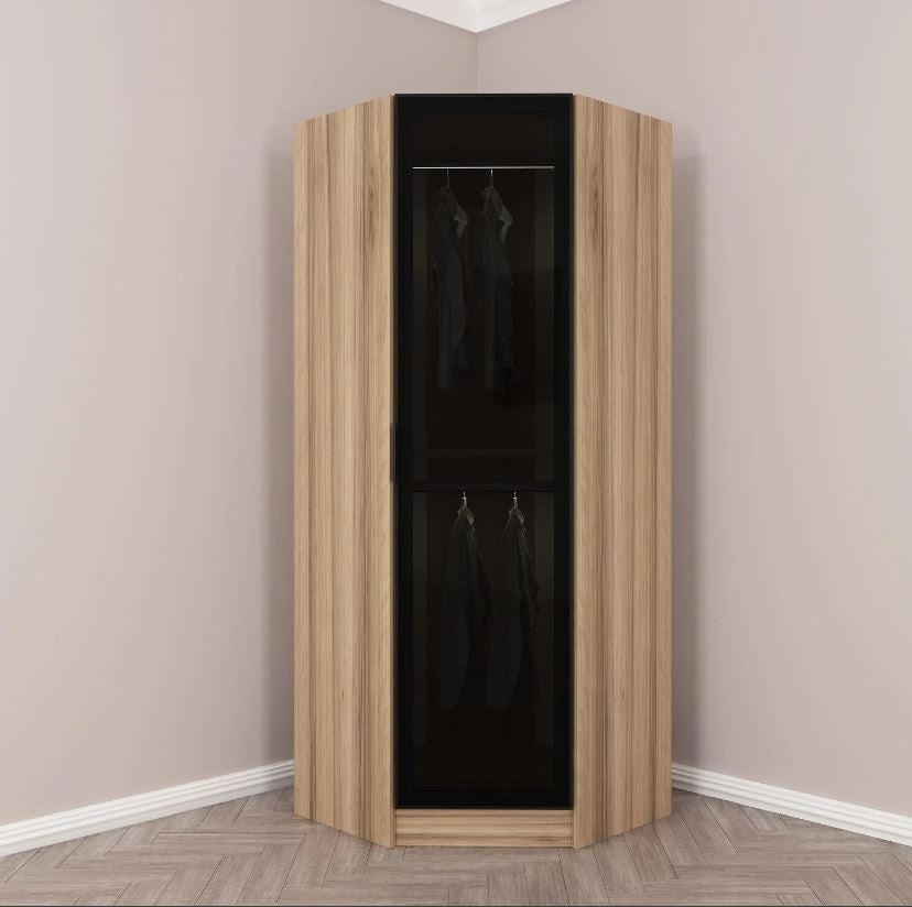 Armoire d'angle Noyer avec une porte en verre fumée 74 x 74 x 210 CM ...