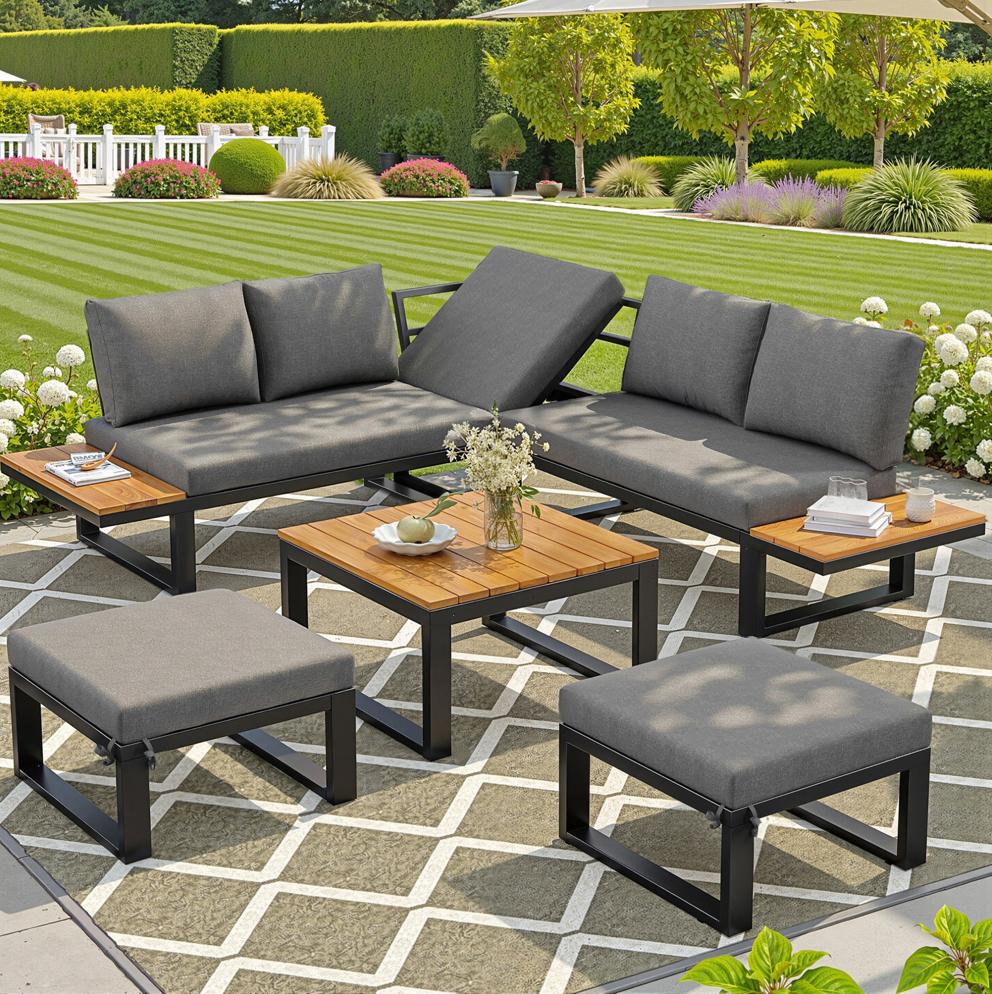 Conjunto de jardín 6 plazas, con 2 sofás y taburetes, respaldo ...