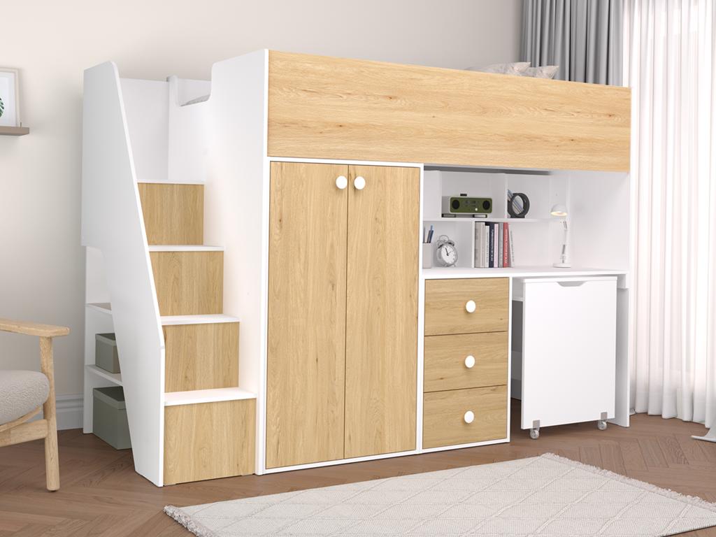 Cama alta 90 x 190 cm con armario y escritorio - Blanco y natural ...