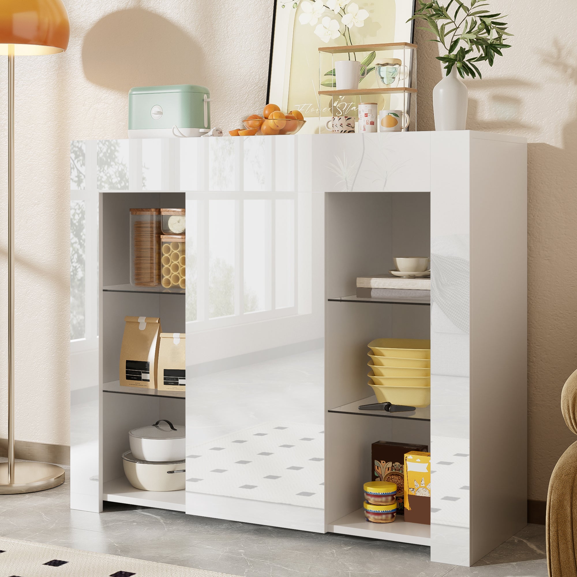 Buffet Brillant Moderne 95x35x83 cm - Avec 6 Compartiments de Rangement ...