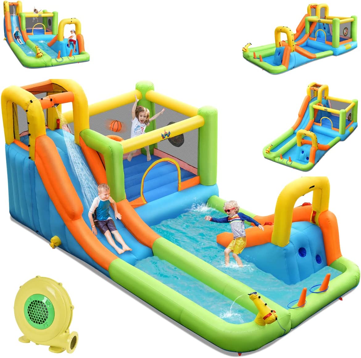 Parque Acuático, Casa Inflable con Doble Tobogán, Canasta de Baloncesto ...
