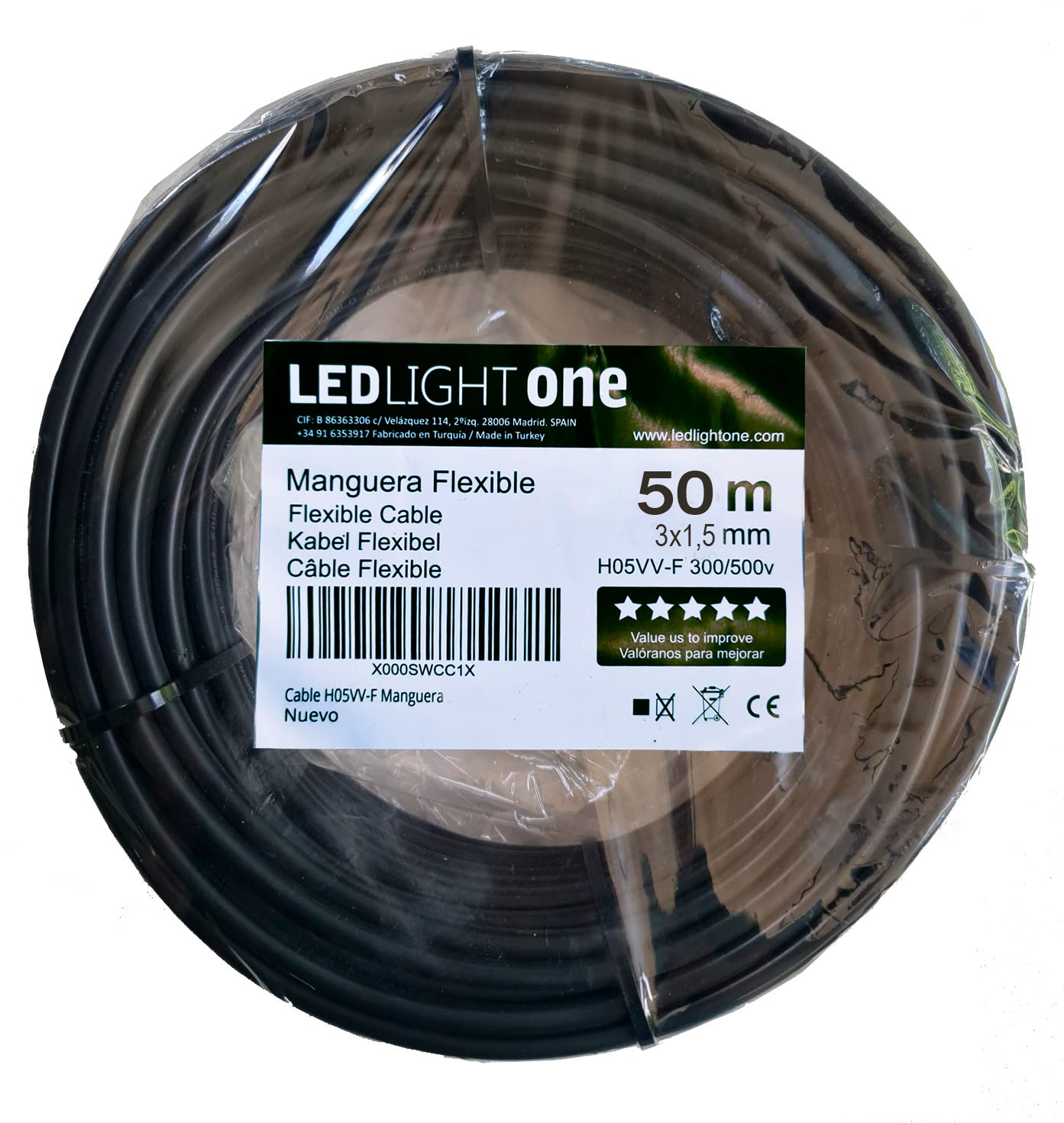 Cable Electrico Manguera 3x1,5mm 50m (Negro) H05VV-F Tensión de ...