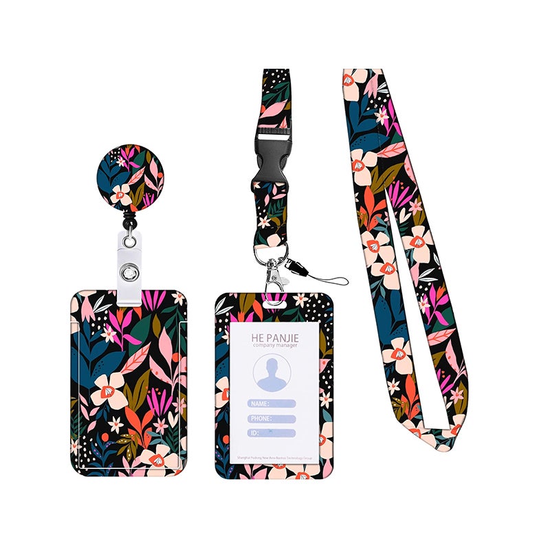 Porte-carte d'identité à motif floral avec cordon rétractable Pink ...