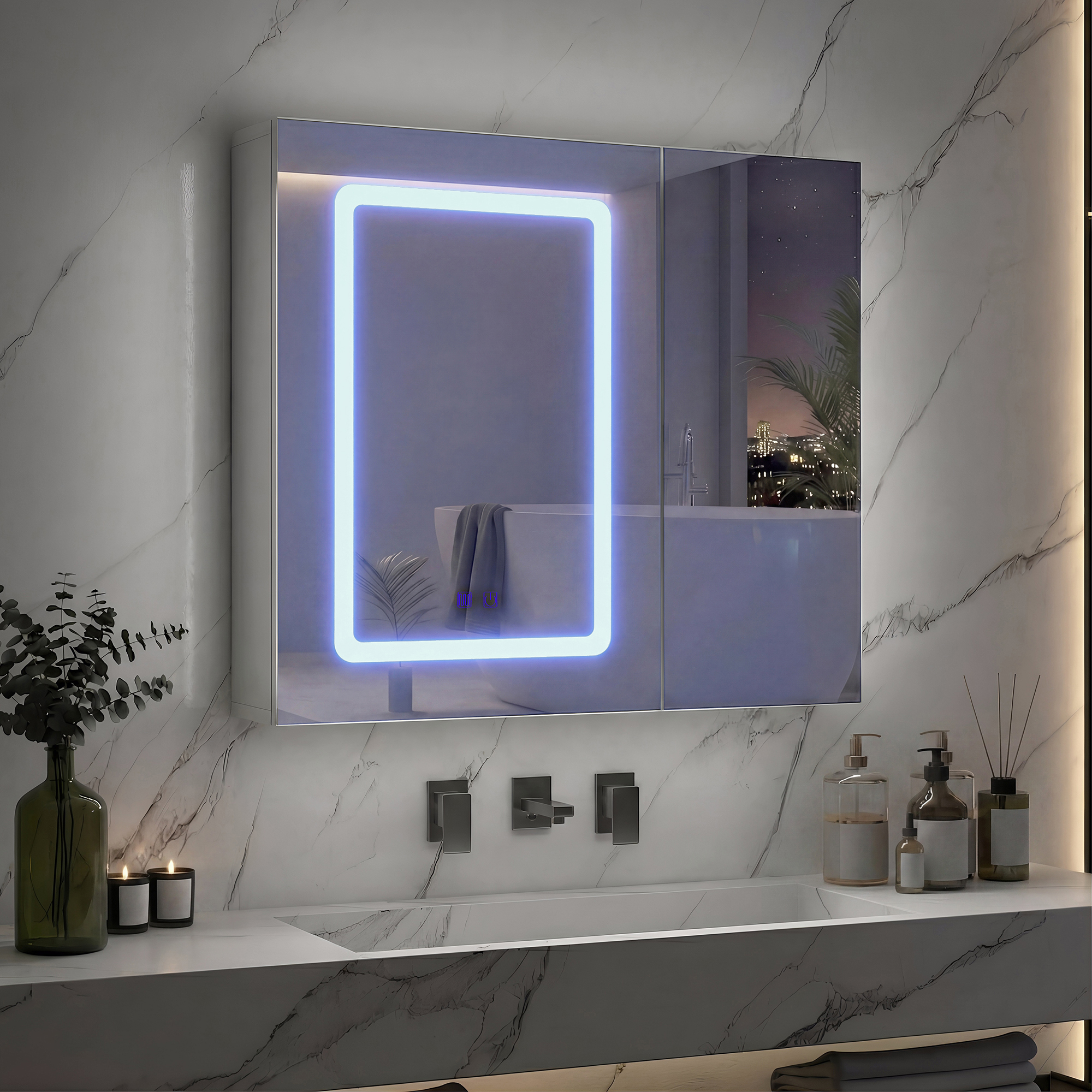 Armoire miroir LED 3 tons antibuée 2 portes 70 cm, murale avec prise ...