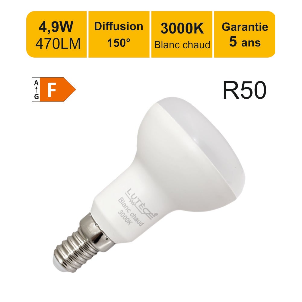 Ampoule LED E14 R50 5,5W (équiv. 30W) 450Lm 3000K - garantie 5 ans ...