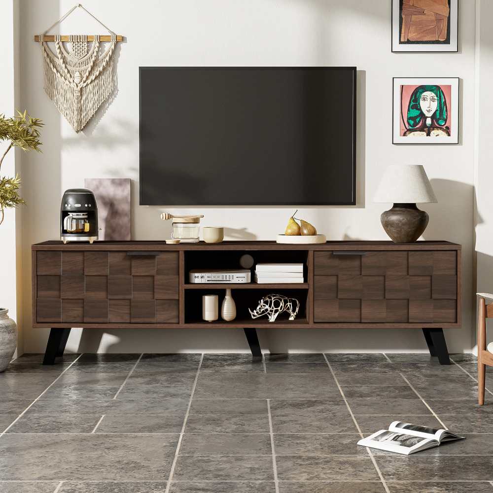 Meuble TV moderne 160,5 cm avec 2 portes amorties et 2 niches ouvertes ...