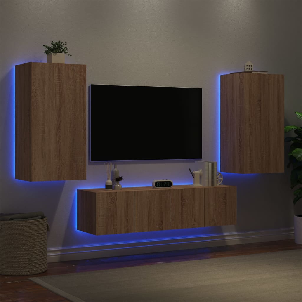 Muebles TV pared con LED 4 pzas madera ingeniería roble Sonoma | Leroy ...