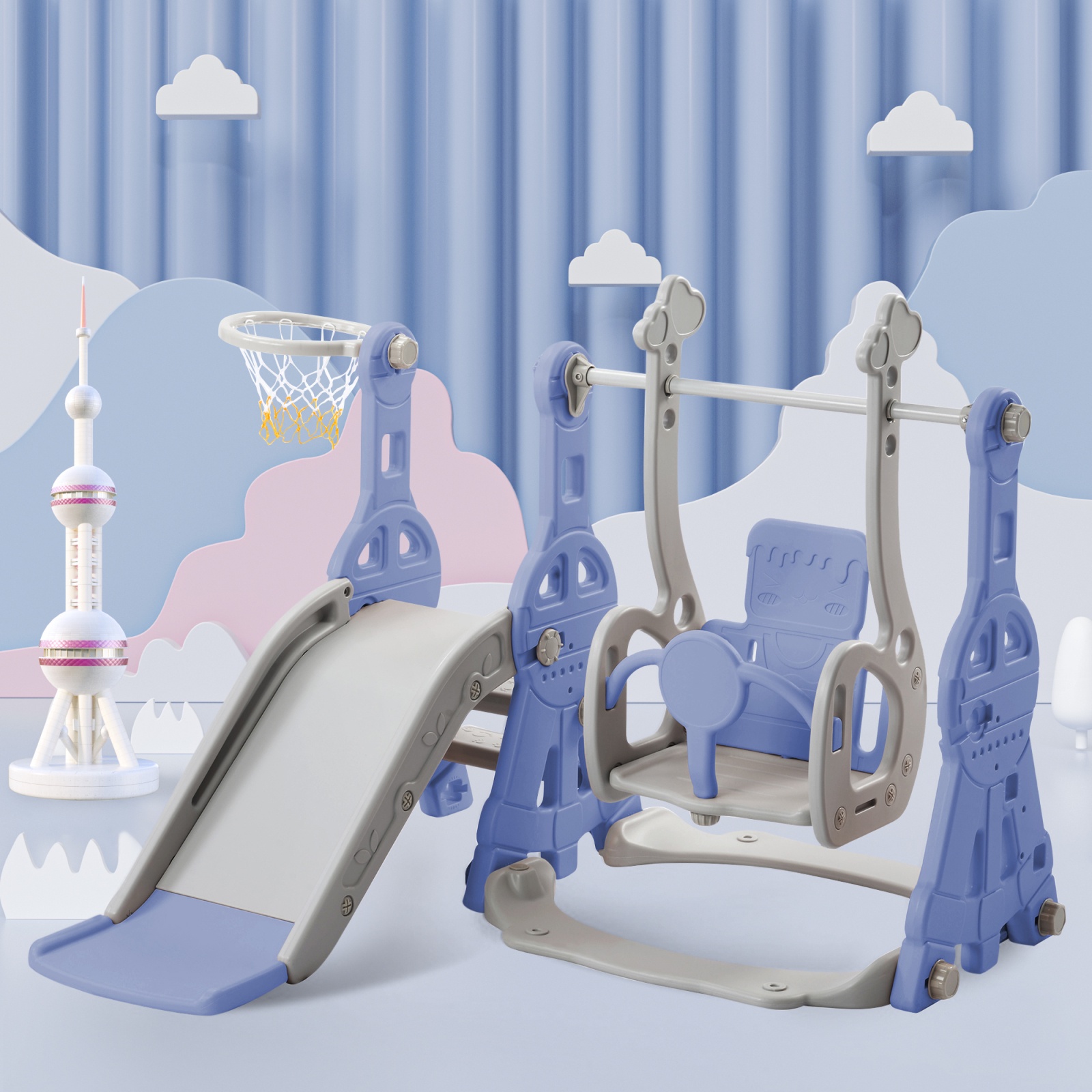 Toboggan 4-en-1 pour enfant avec balançoire, échelle et panier de ...
