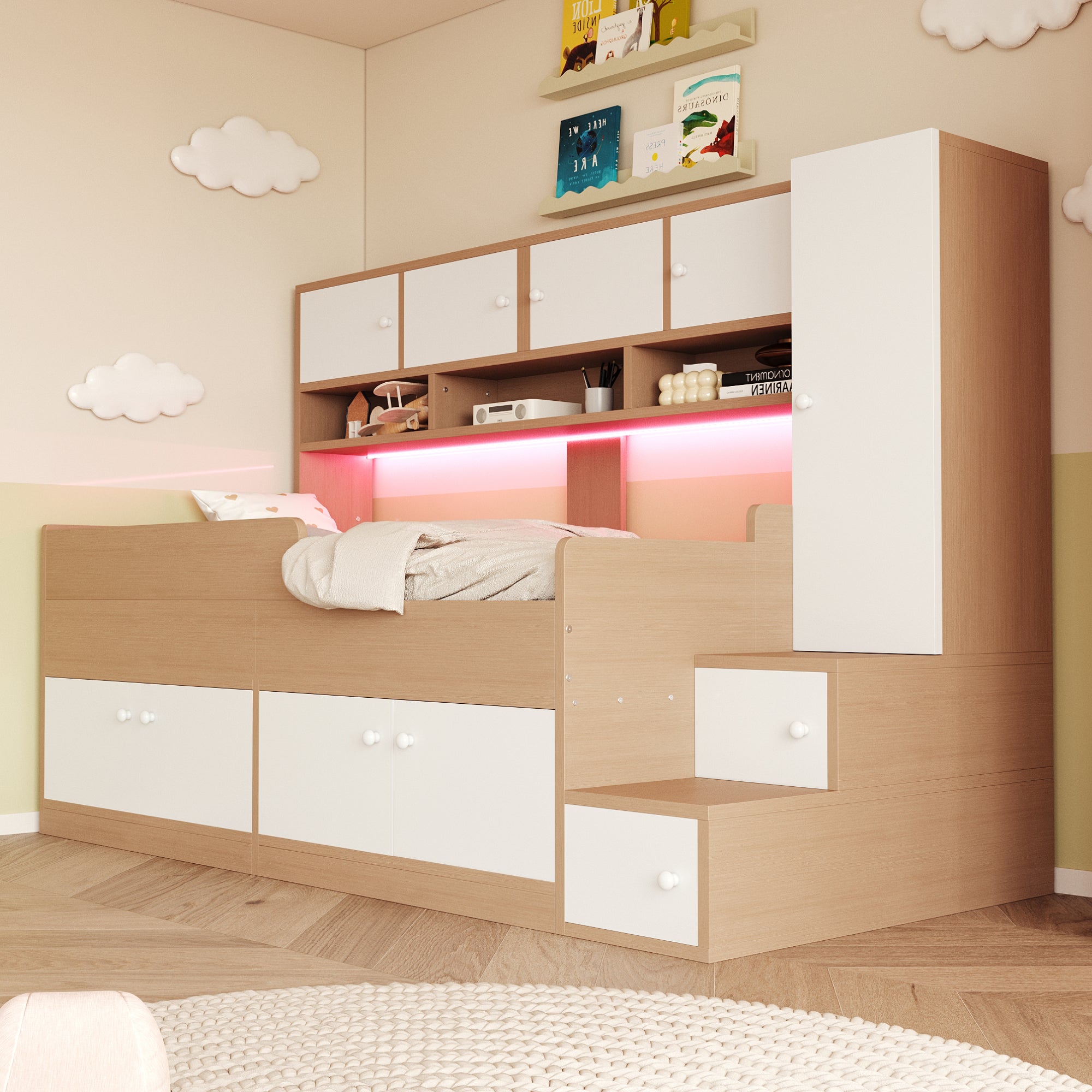 Lit en bois 90x200 cm couleur bois, multiples rangements, armoire ...