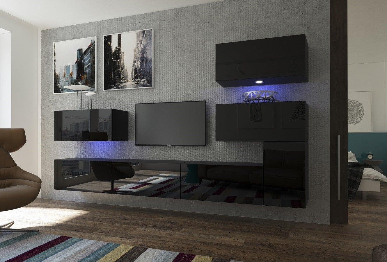 Ensemble meuble TV NEXT 123 AN123-17B-HG20-1A noir brillant 286 cm ...