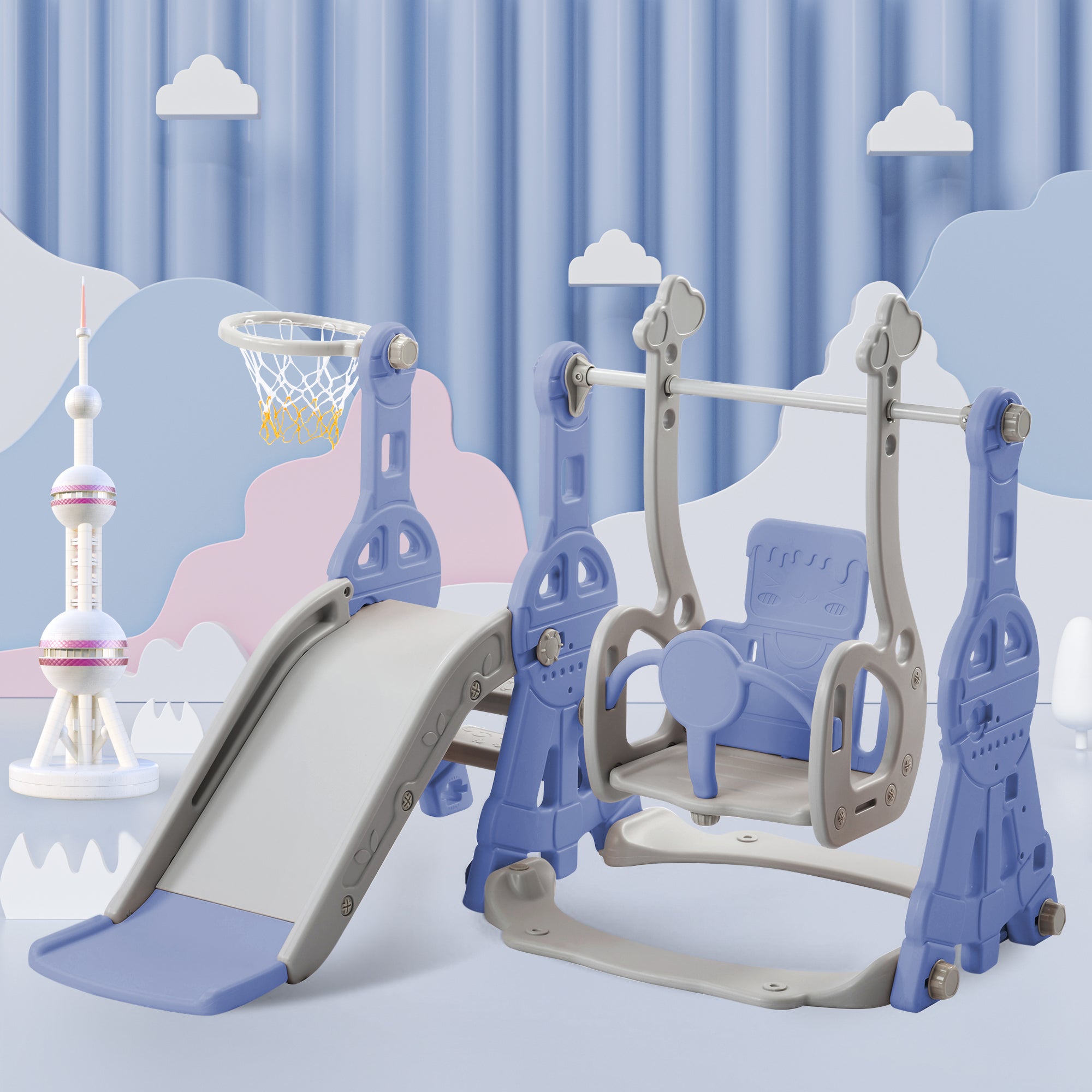 Toboggan 4 en 1 avec balançoire et support de basket-ball pour enfants ...