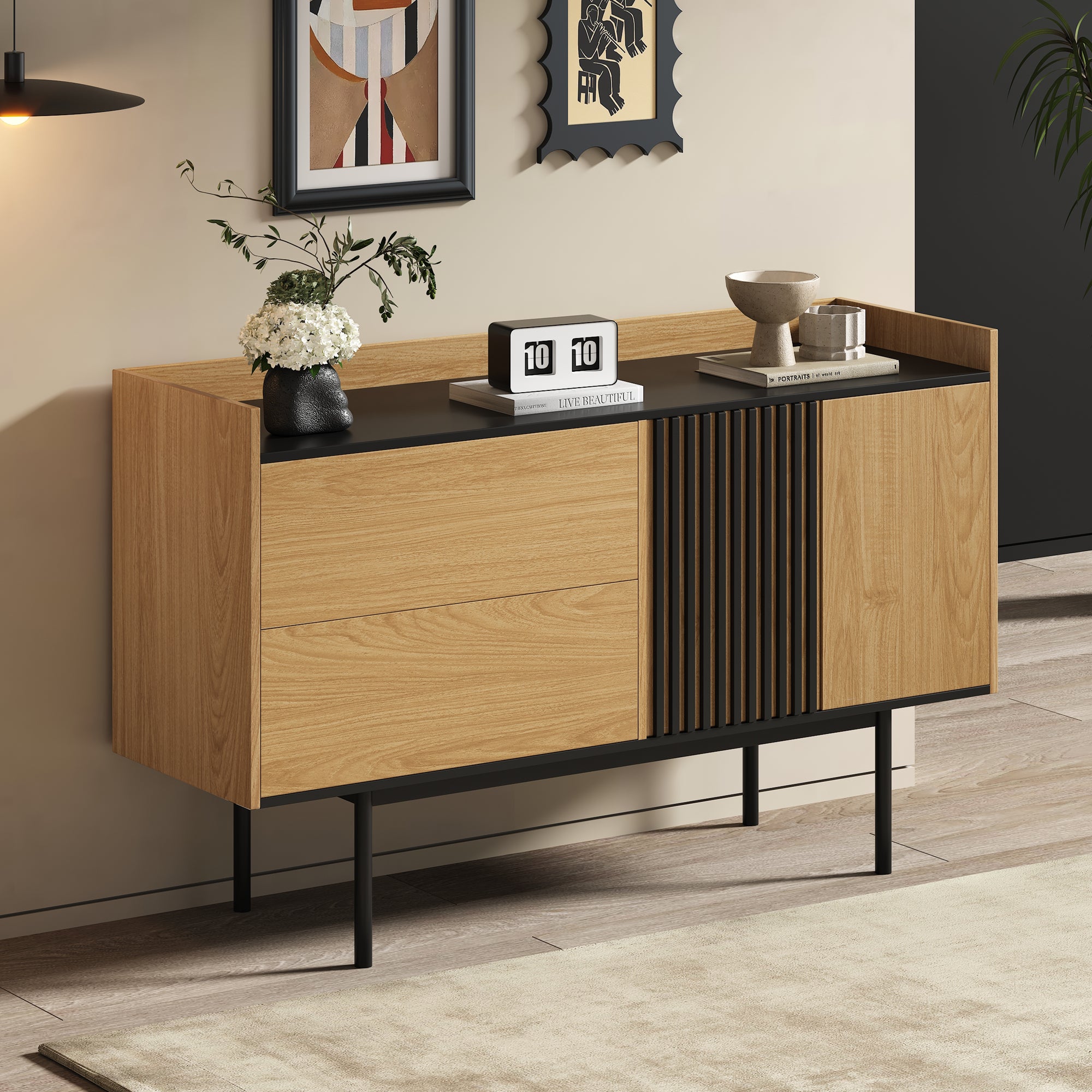 Sideboard Moderne Minimaliste en Bois Naturel et Noir avec 2 Tiroirs et ...