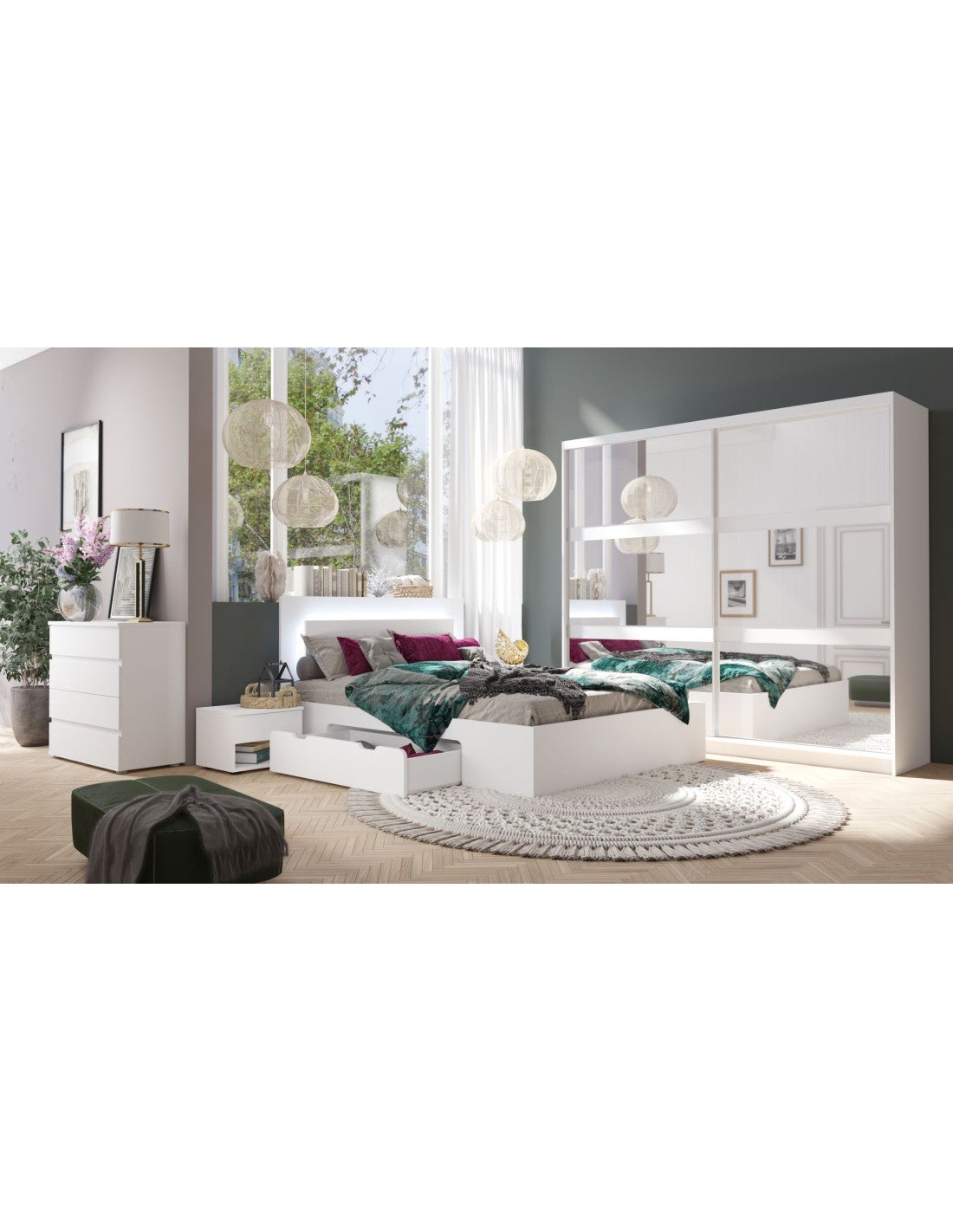 Ensemble chambre NOFI - Lit 140x200 cm avec sommier, 2 tiroirs, chevets ...