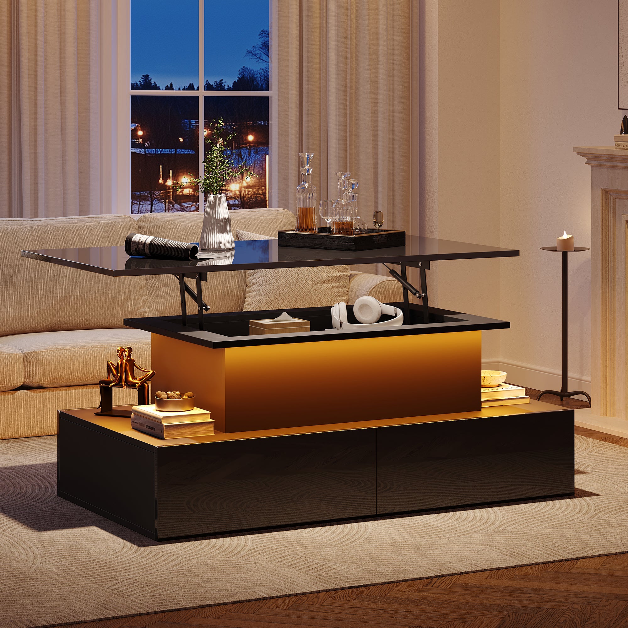 Table basse brillante avec éclairage LED et 4 tiroirs, 90x55x41 cm ...
