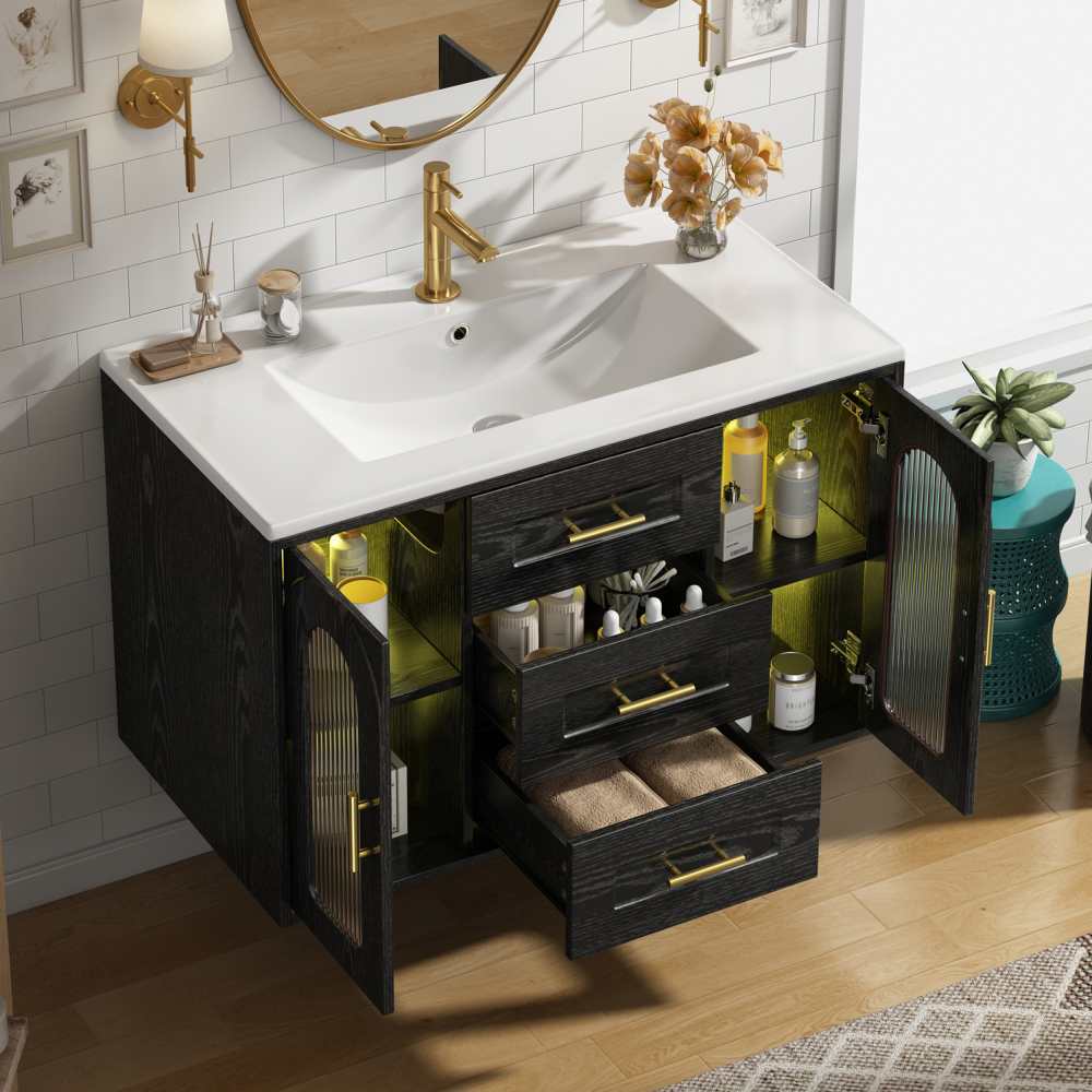 Meuble Salle de Bain 76 cm Mural avec Lavabo – Porte Verre Cannelé, LED ...