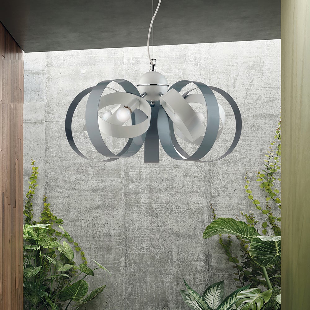 Lampadario Moderno 5 Luci Cerchi Ferro Bianco e Grigio Serie Bolla ...