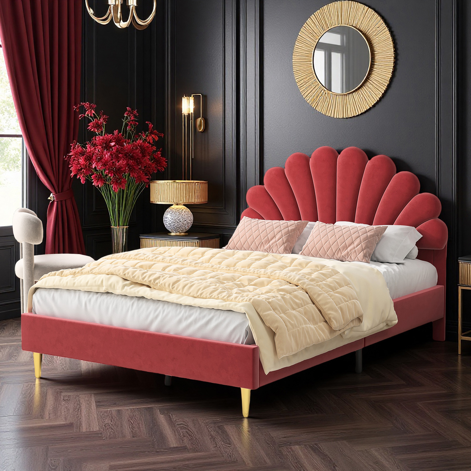 Lit adulte 140x200cm - COZY - Velours Rouge - Design moderne - Nordique ...