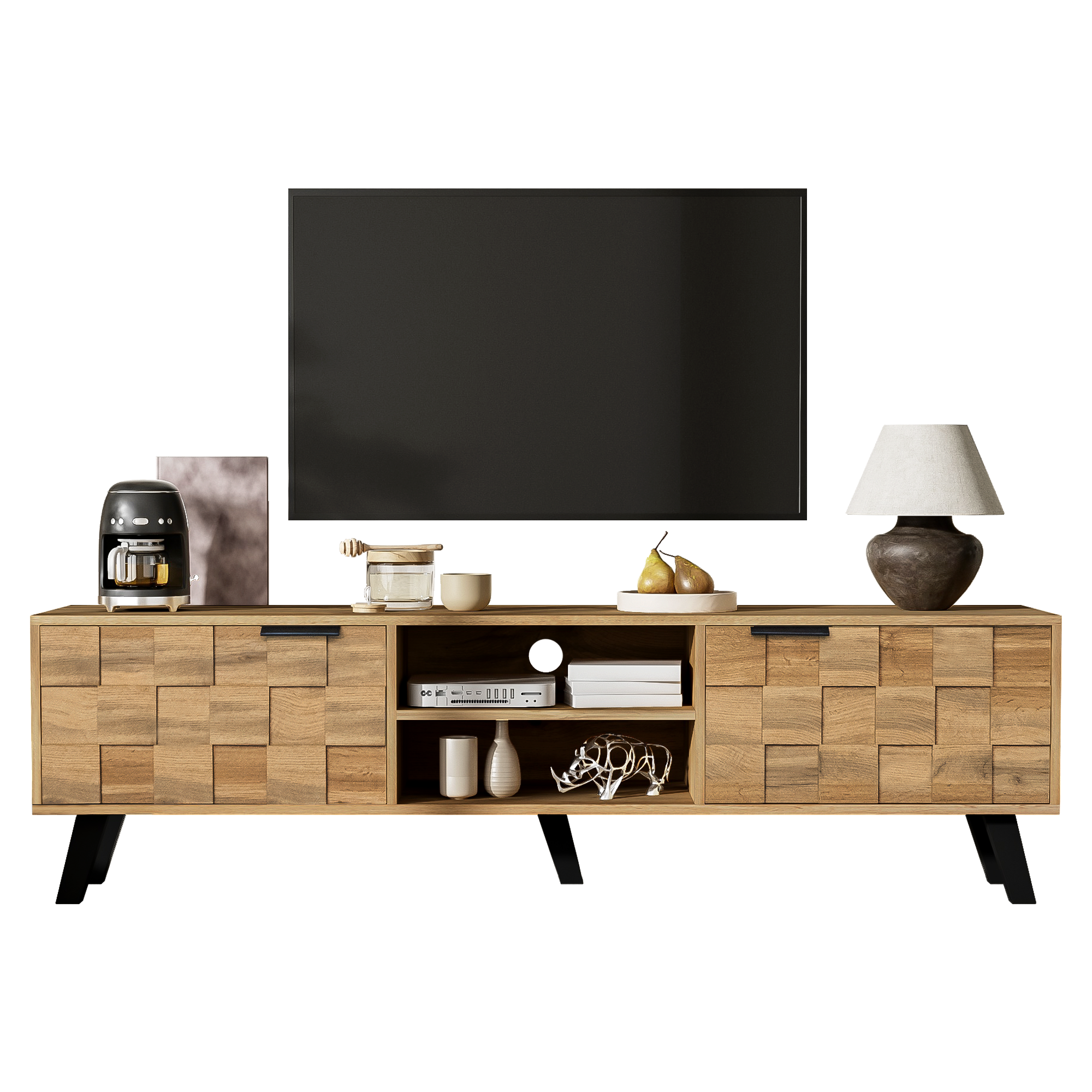 Meuble TV 160.5x35.5x45 cm Tonalité bois - 2 portes à fermetures ...
