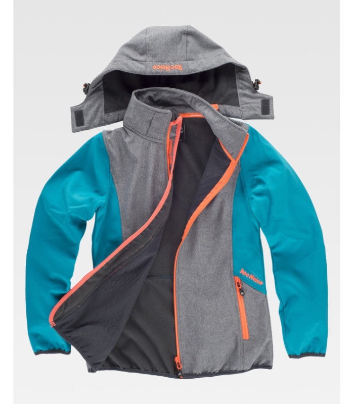 Softshell de mujer combinada tricolor. Capucha desmontable con elástico ...