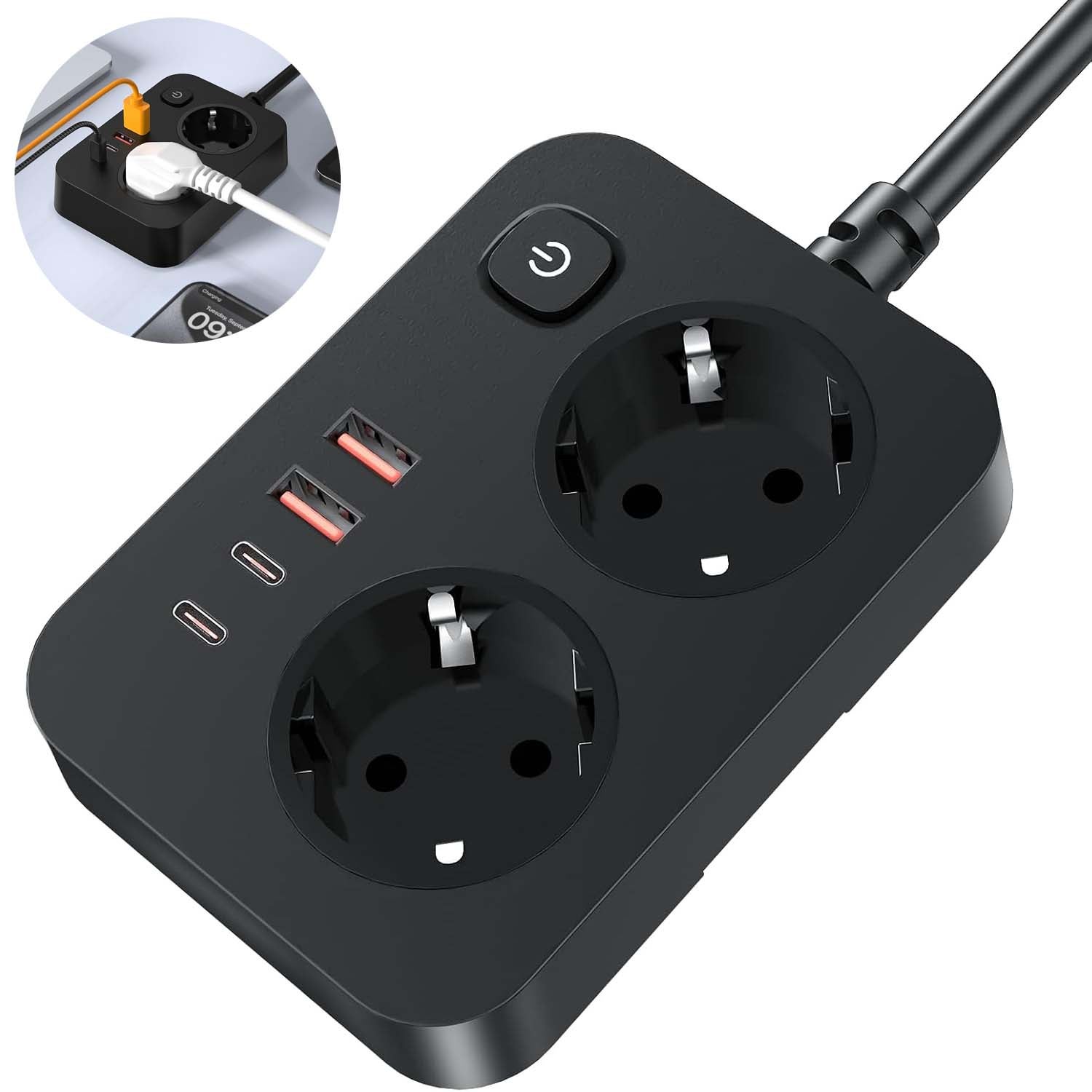 1pc Regleta con 2 Enchufes + 4 USB, Interruptor, Portátil, Protección Sobretensión, Cable 1,8m ...