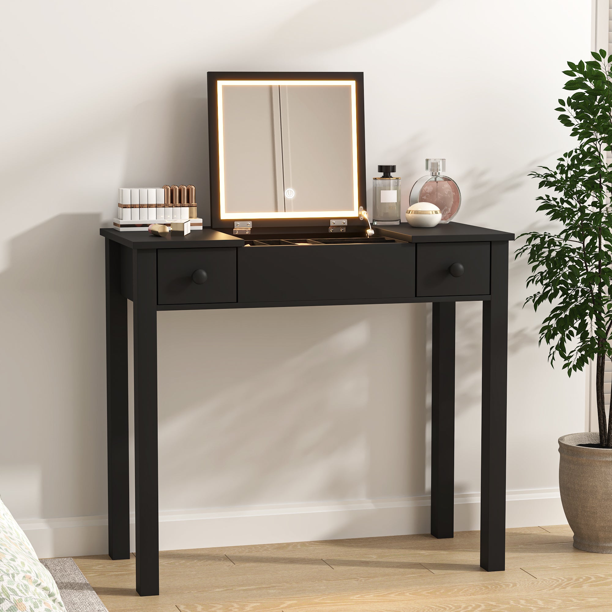 Coiffeuse noire élégante avec éclairage LED, miroir pliant et 2 tiroirs ...