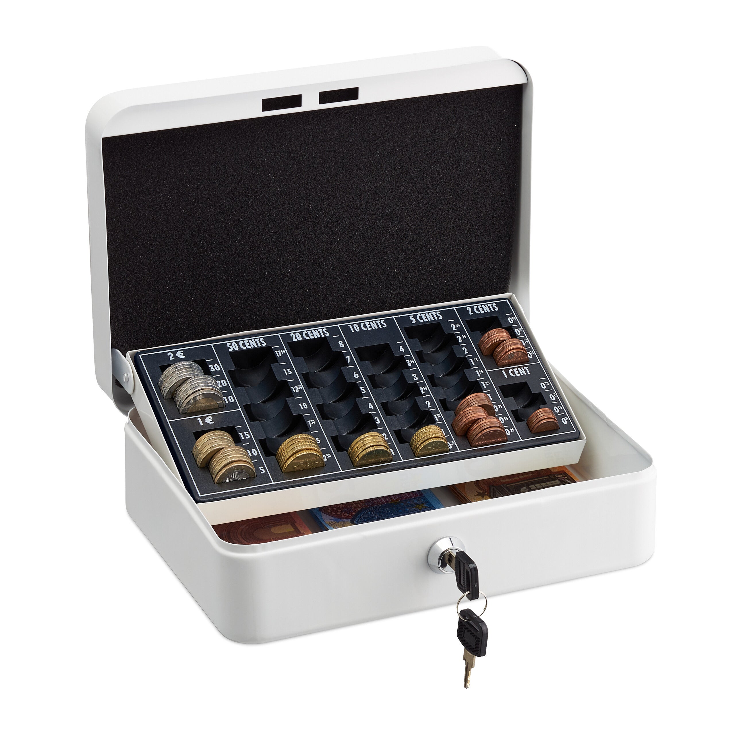 Caisse à monnaie, verrouillable, fer, monnayeur, pour pièces et billets ...