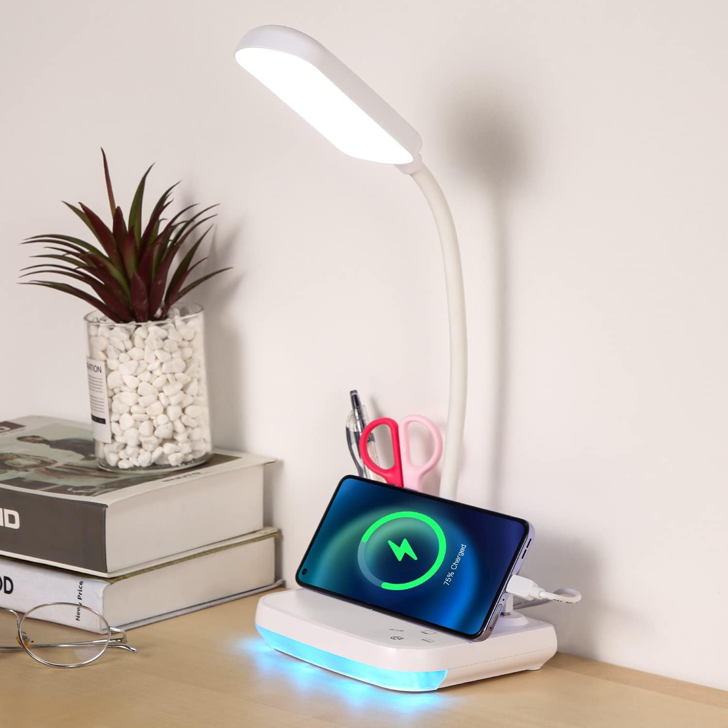 Lampe de Bureau sans Fil Rechargeable avec Port de Charge USB blanc ...