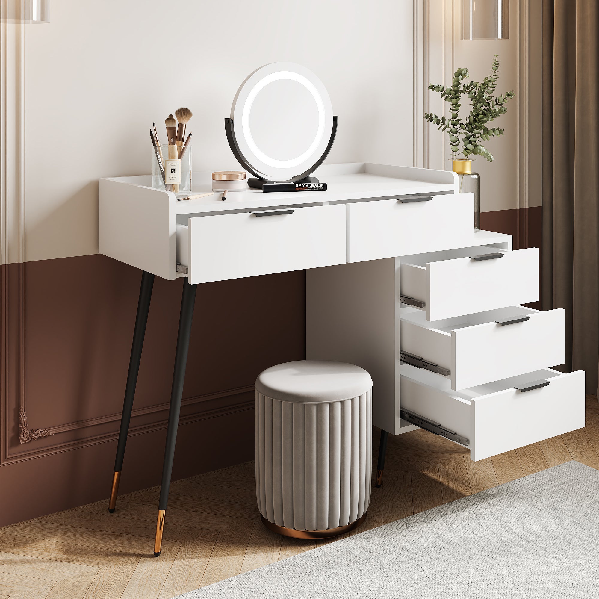 Coiffeuse blanche avec miroir LED réglable, 5 tiroirs, armoires ...