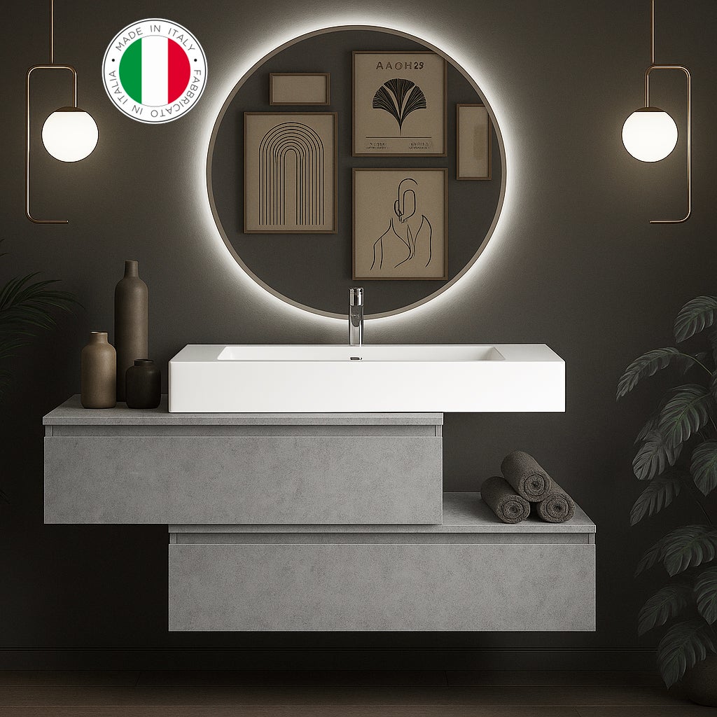 Mobile bagno sospeso sfalsato 120 cm in legno color Cemento Chiaro con ...
