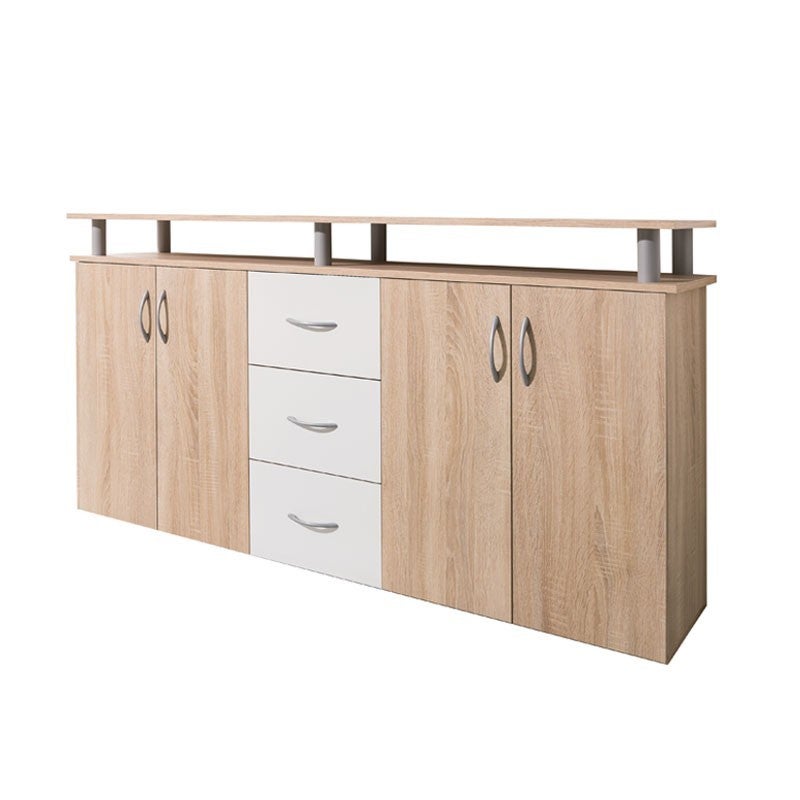 Buffet mobile 4 portes 3 tiroirs coloris chêne Sonoma 155x35xh.83 cm ...
