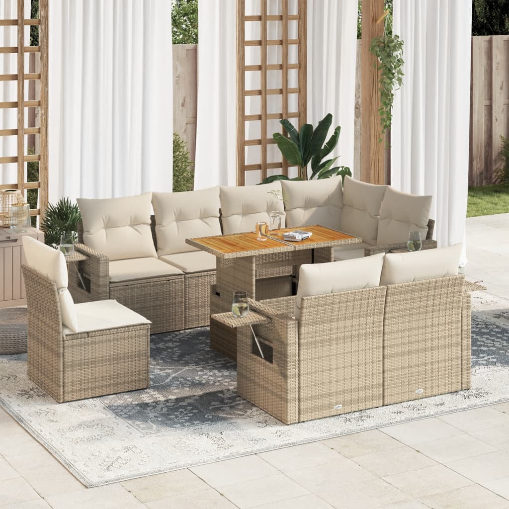 Muebles de jardín con cojines 9 piezas resina tejida beige | Leroy Merlin