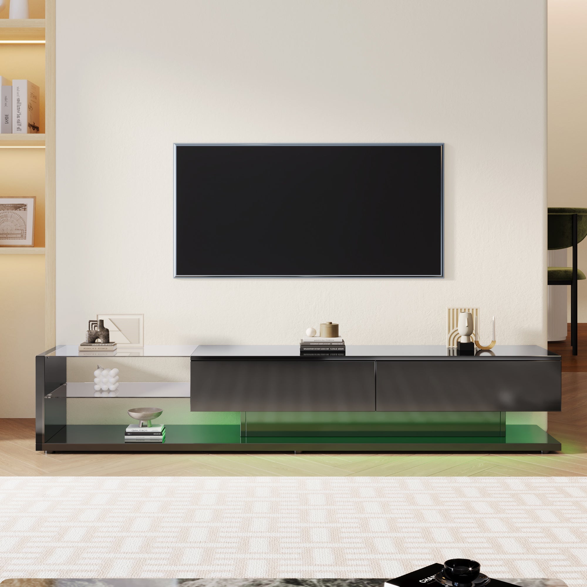 Meubles TV 170 cm - 2 tiroirs et étagères verre - leds - noir brillant ...
