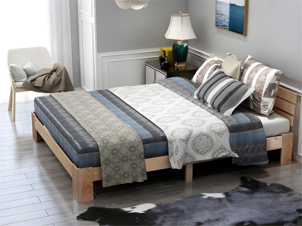 Lit adulte en bois massif avec sommier à latte - 140x200 cm - naturel ...