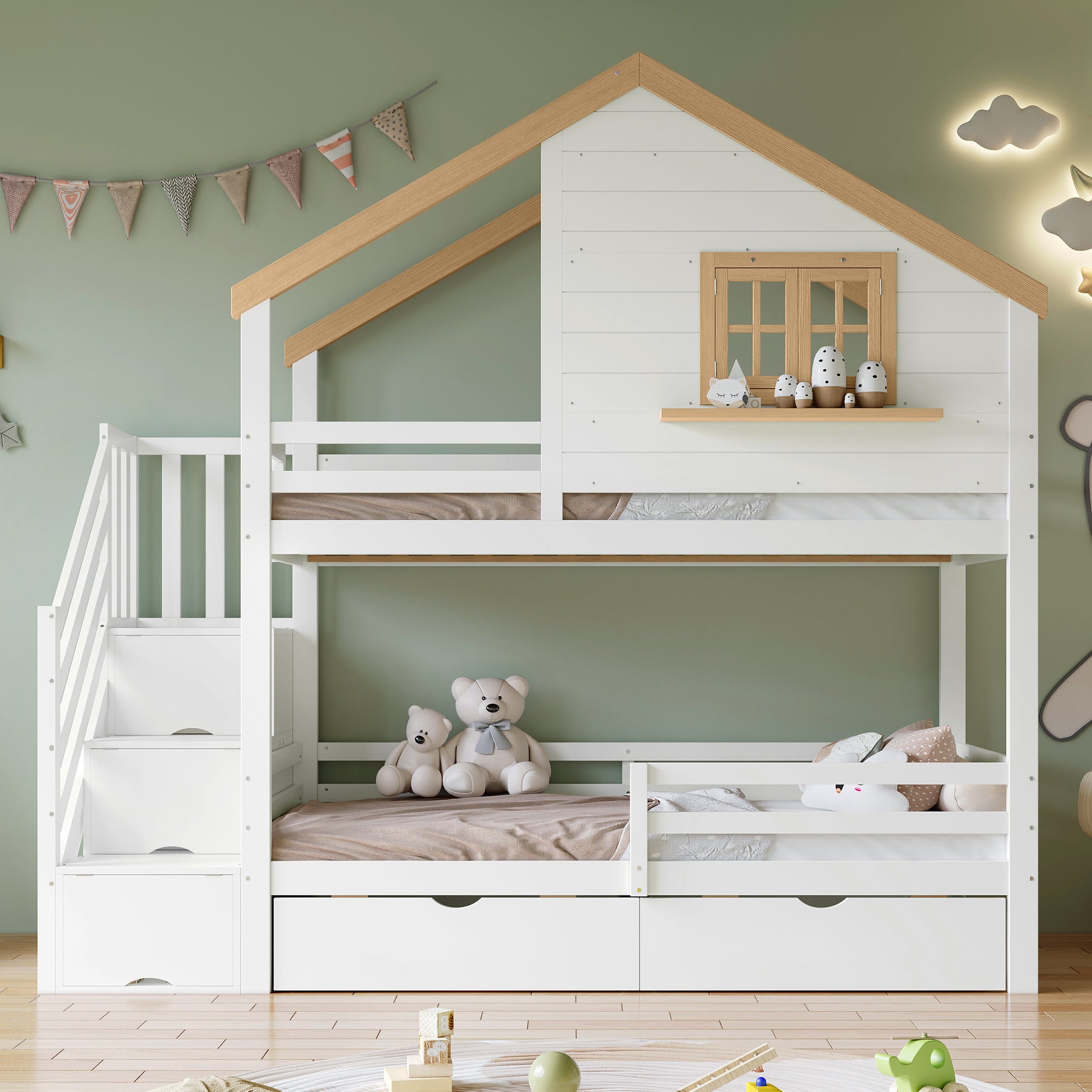 Litera infantil con almacenamiento, escalera con cajones, diseño de ...