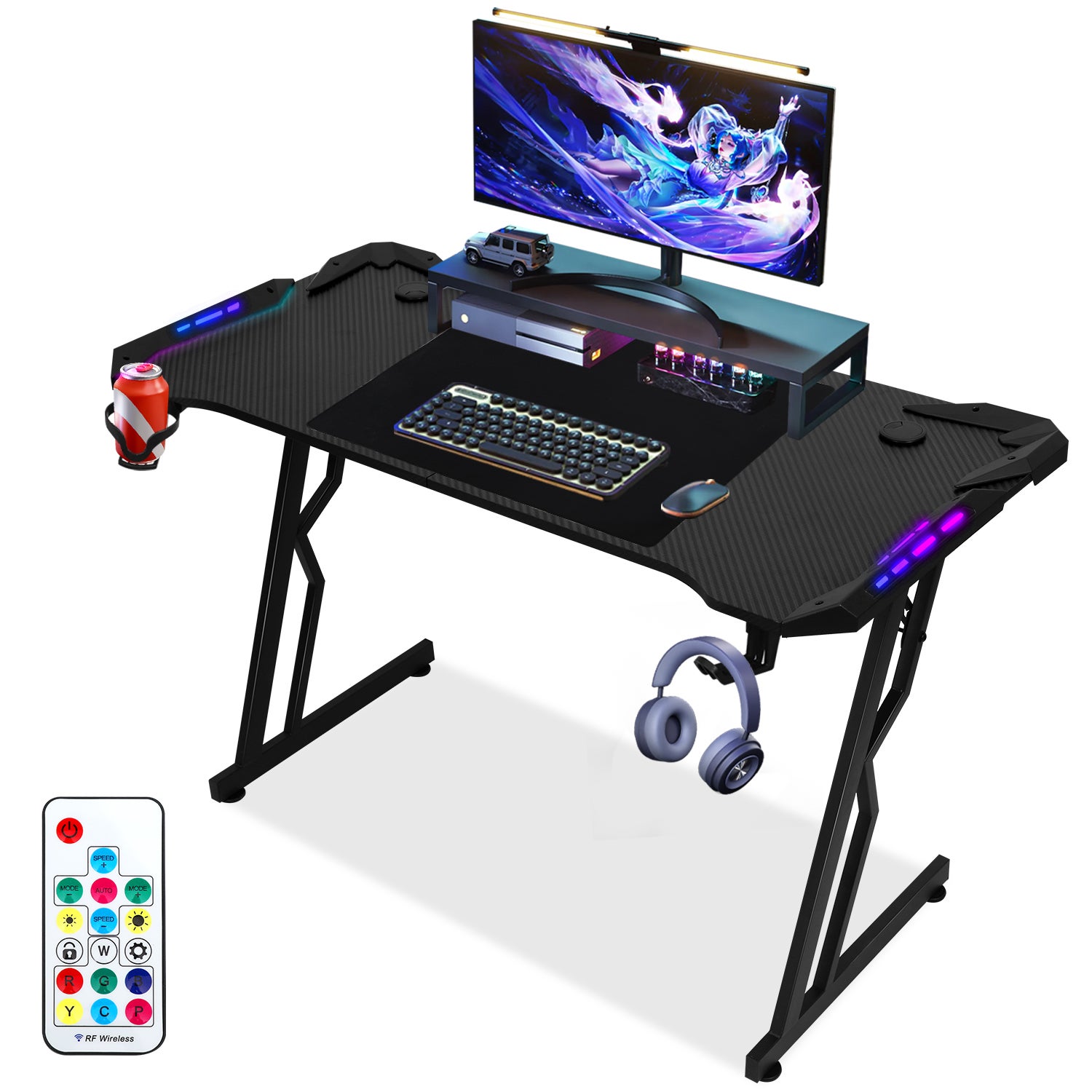 LED Gaming Desk 140 x 60 cm, Gamer Desk con tablero de fibra de carbono ...