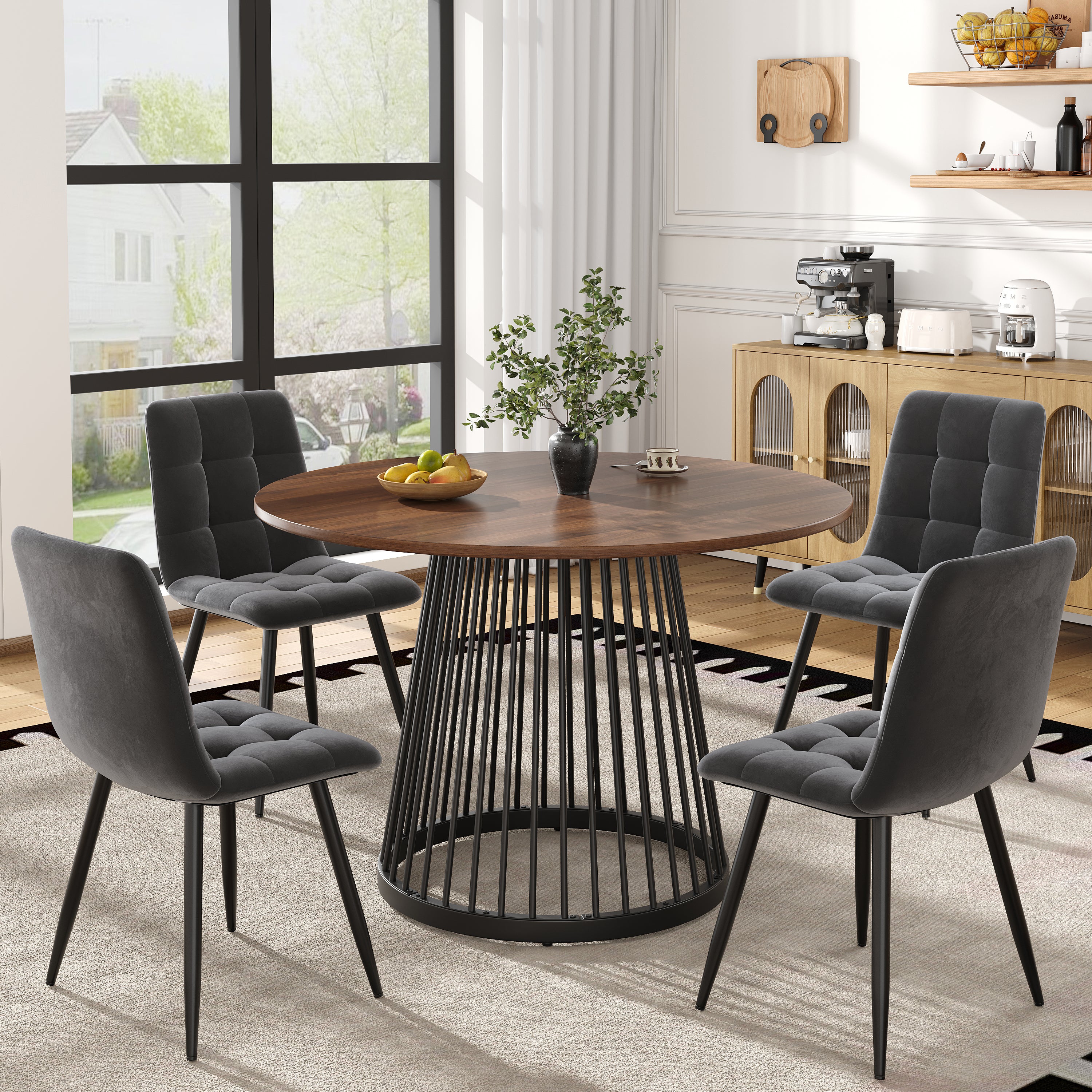 Set table ronde Ø80+4 chaises velours - pieds métal noir, plateau MDF ...