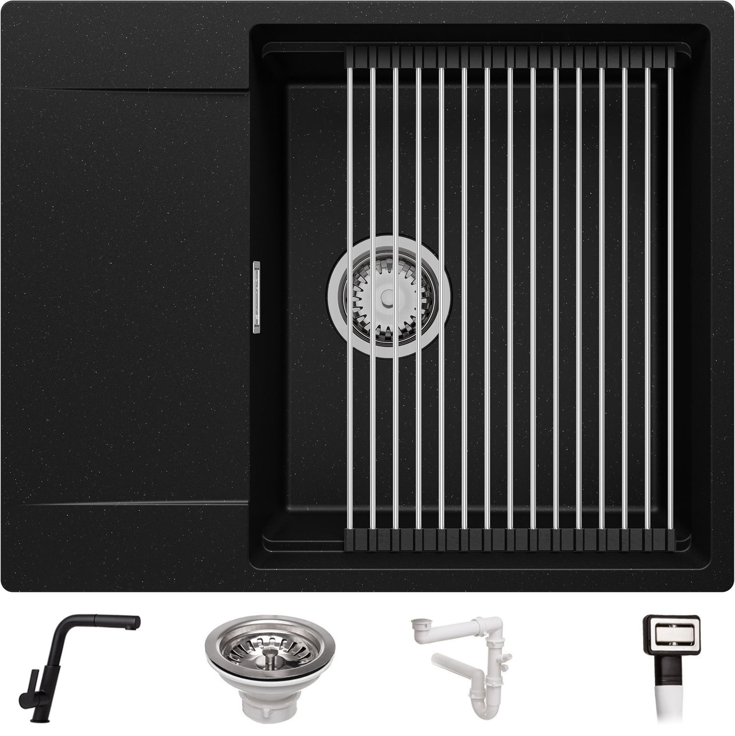 Evier Cuisine en Granit Noir Métallisé 62x50cm, 1 bac + Kit de Vidage ...
