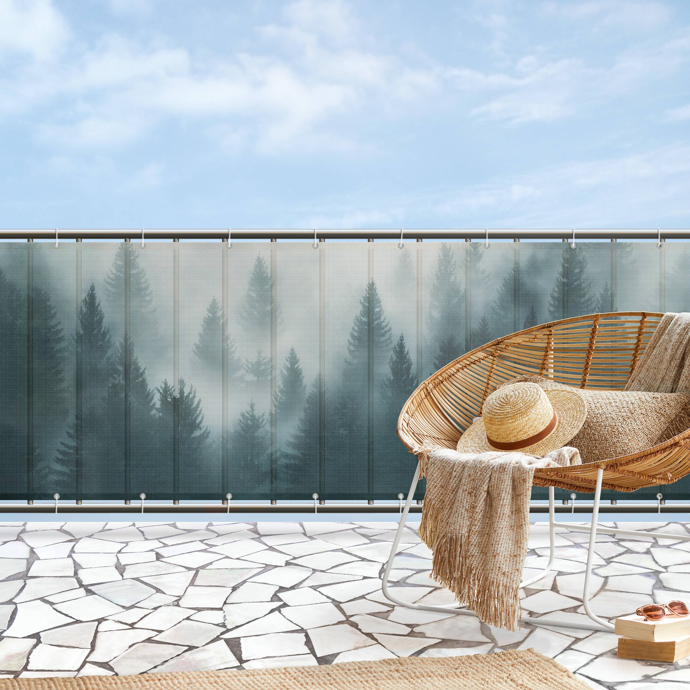 Brise-vue pour balcon - Forêt de conifères dans le brouillard 1000 x 90 ...