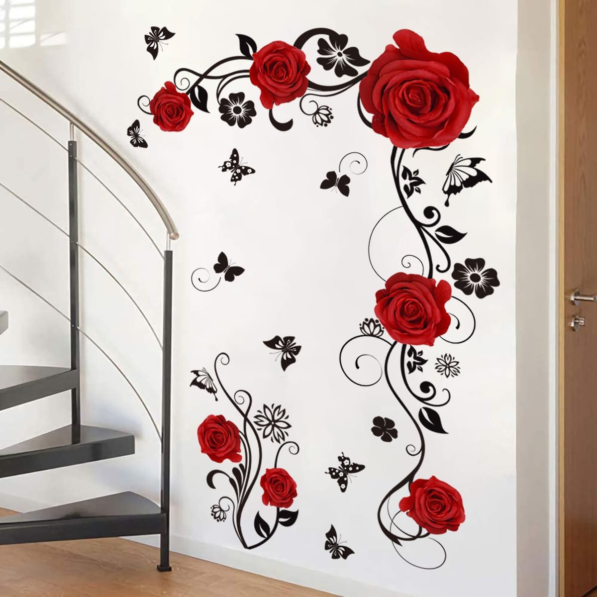 Autocollant mural papillon fleur rose rouge, autocollant mural vigne ...