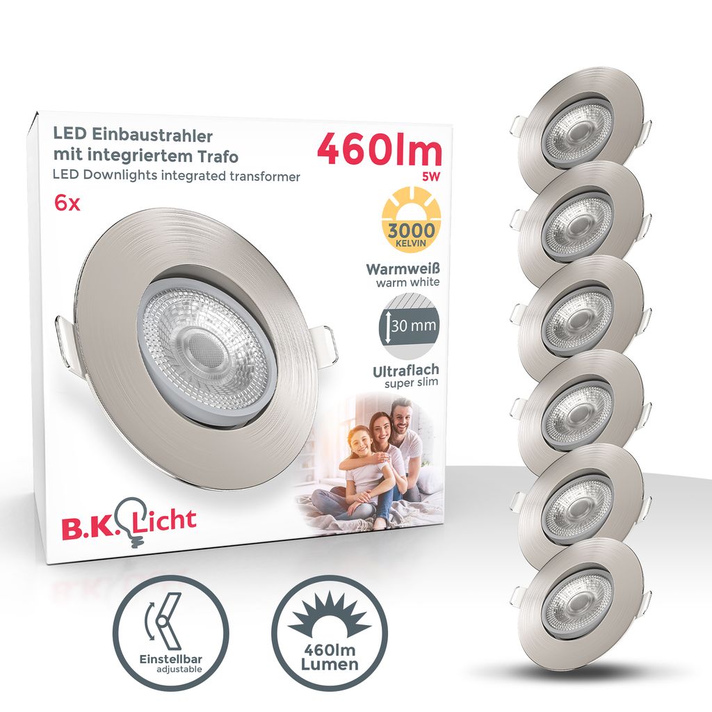 B.K.Licht lot de 6 spots encastrés IP23 ultraplats 24mm orientables Ø90mm nickel mat éclairage ...