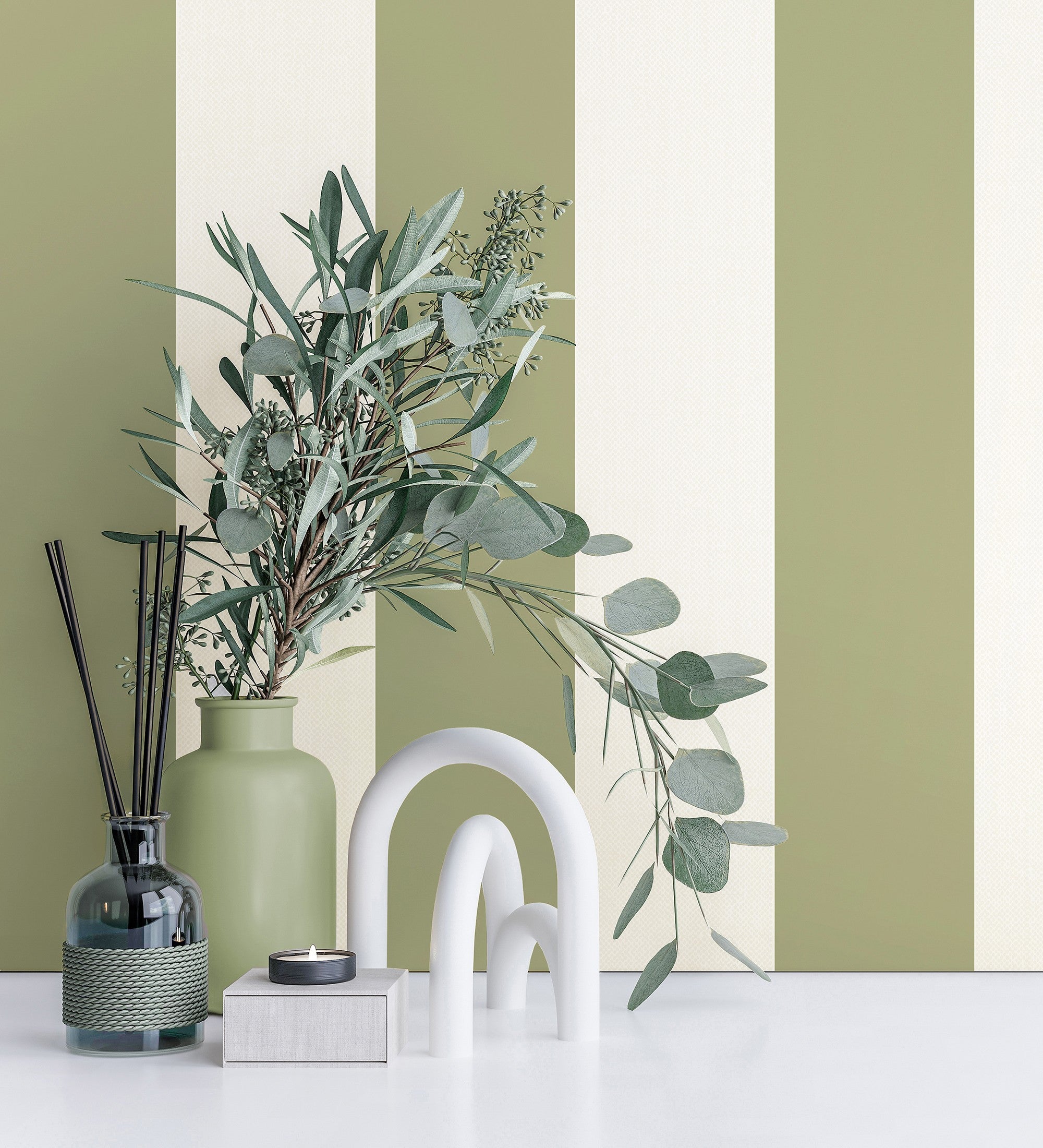Papel pintado vinílico de rayas anchas 9cm color verde caqui con ...
