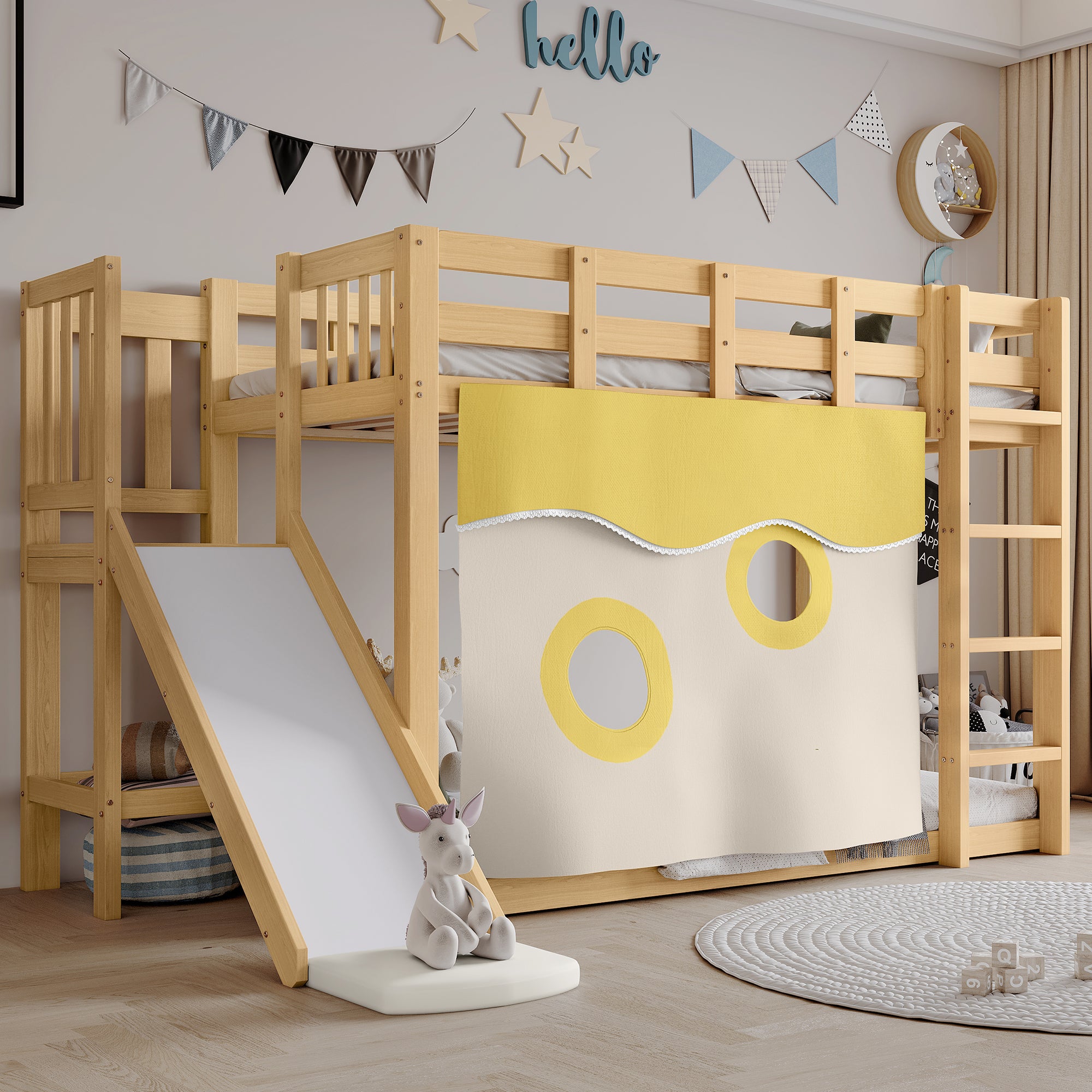 Literas de 2 x 90 x 200 cm con tobogán y cortina de cama - MDF y pino ...