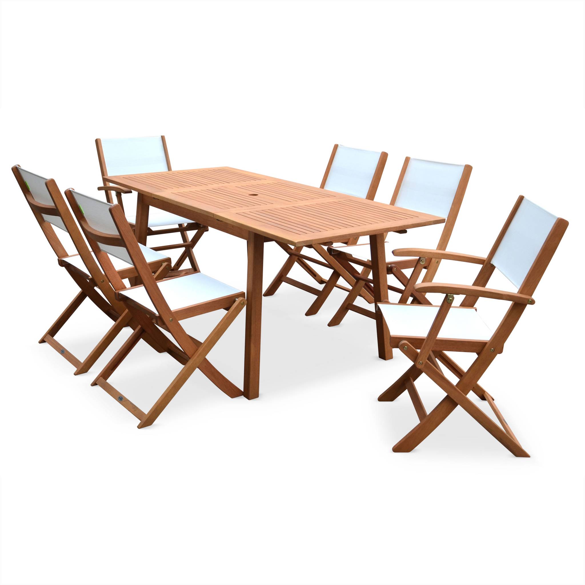 Salon de jardin en bois extensible - Almeria - Table 120/180cm avec rallonge. 2 fauteuils et 4 ...